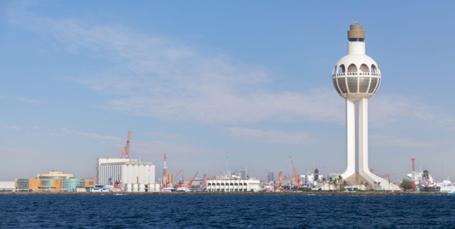 Port of Jeddah, Saudi Arabia. Skyline with traffic control tower ...