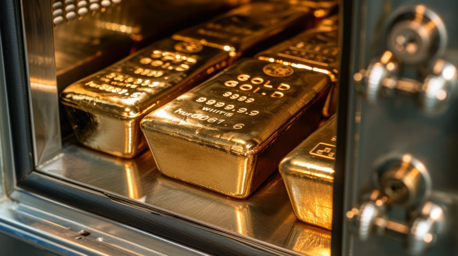 Gold bars in open safe, golden bricks in bank vault, shiny ingots stack ...