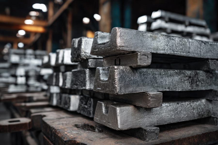 A creative shot of raw aluminum ingots stacked in a factory, ready for ...