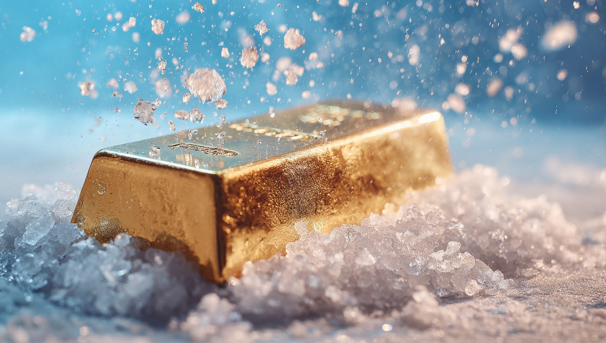 Gold bullion bar rests amidst ice crystals. - MINING.COM