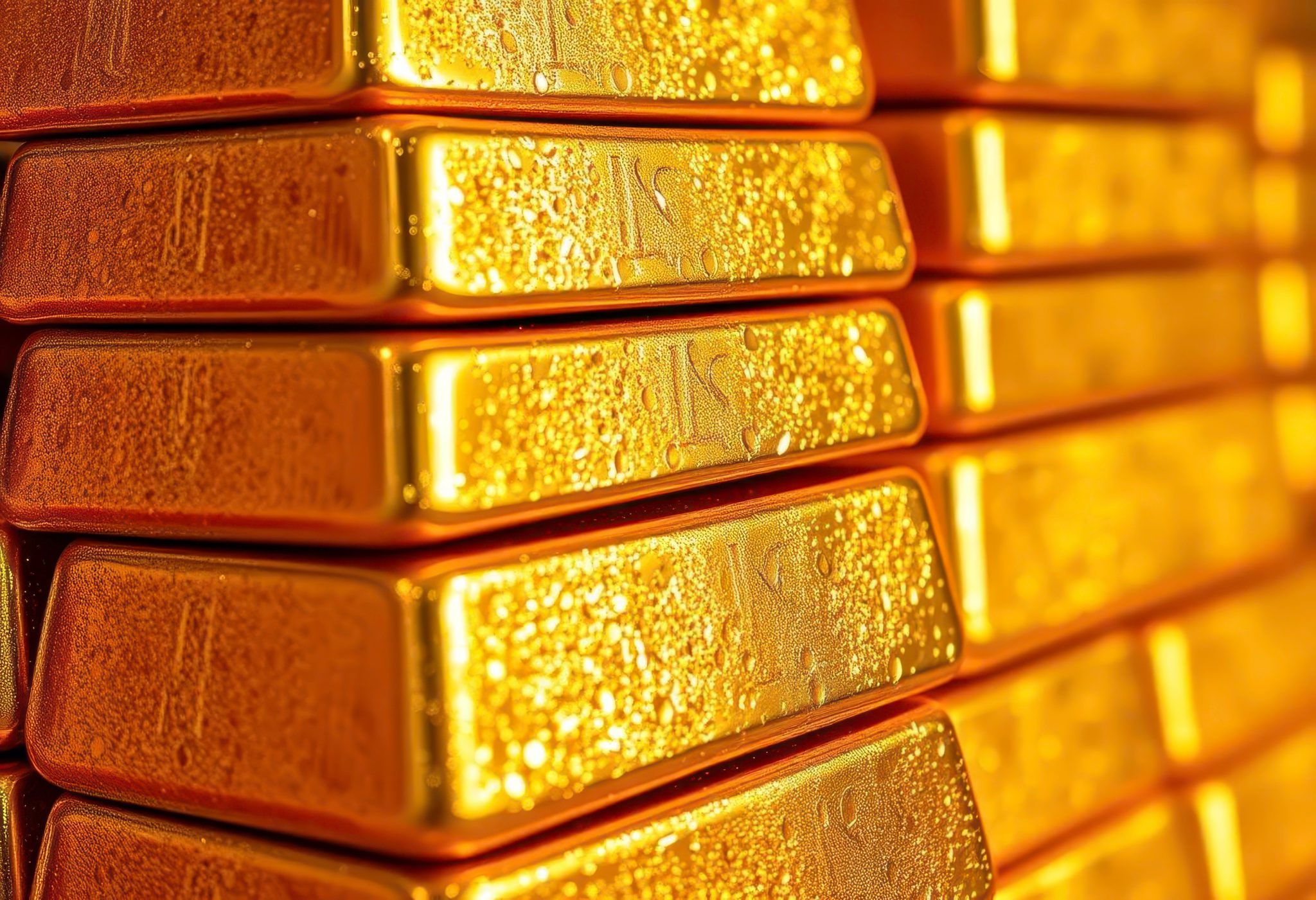 Close-up of glittering gold ingots stacked high, metal, gold ingot ...
