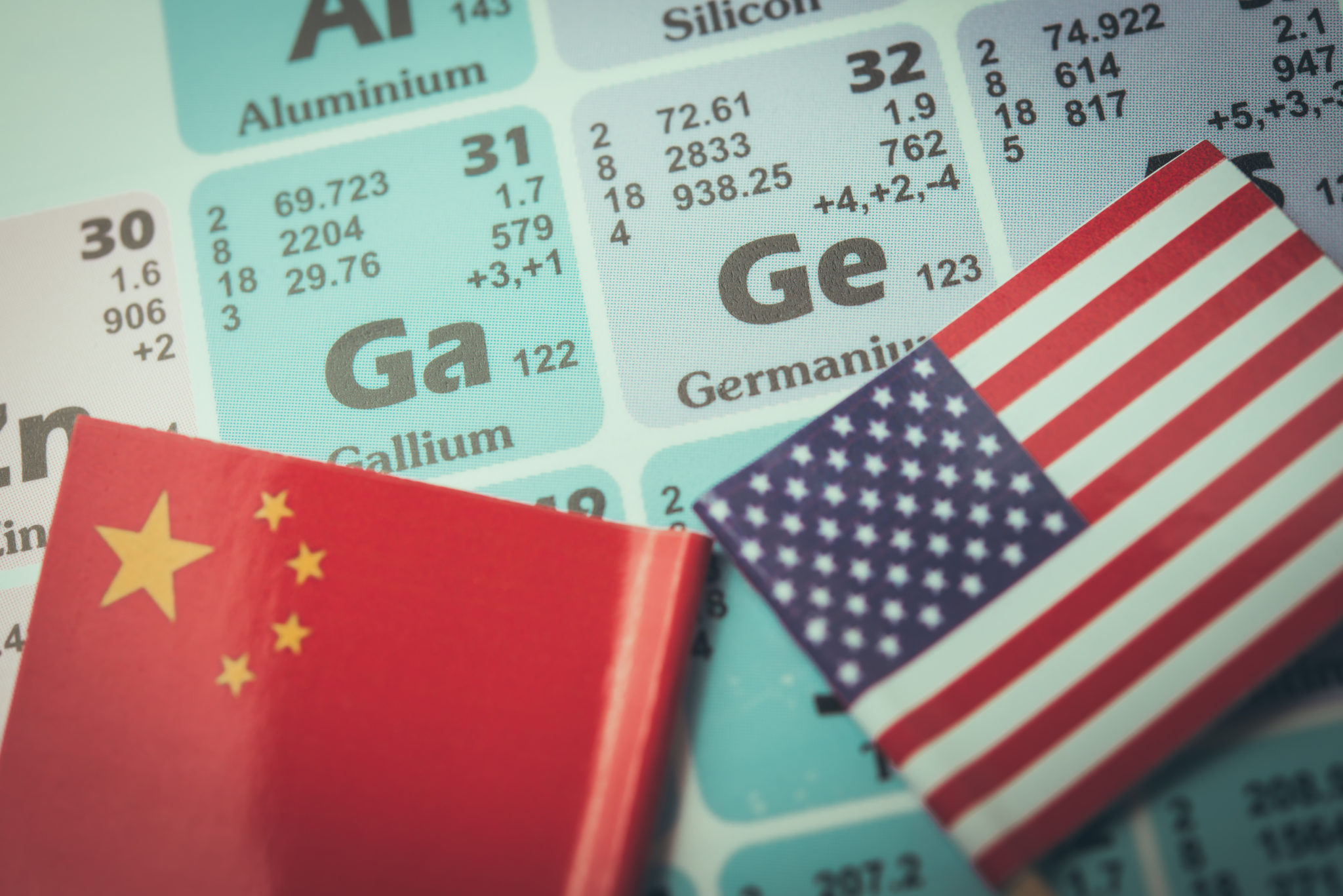 Ge (Germanium) Ga (Gallium) in the periodic table with Chinese and American flag. US vs China ...