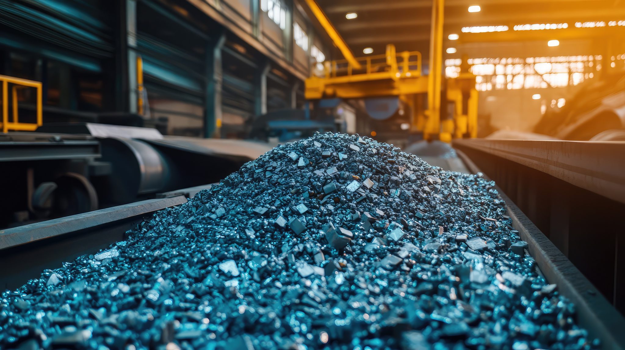 Magnets above conveyor lifting ferrous materials in processing line ...