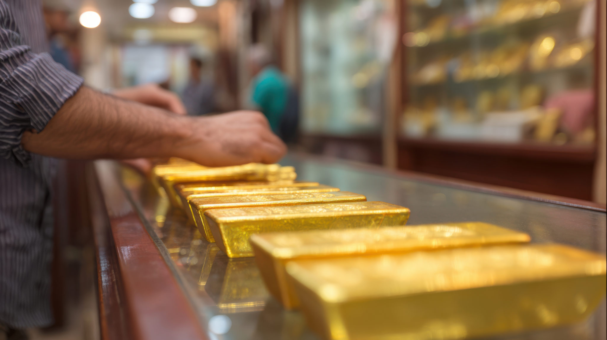 Gold bar price surge excites investor hands checking shiny gold bars in ...