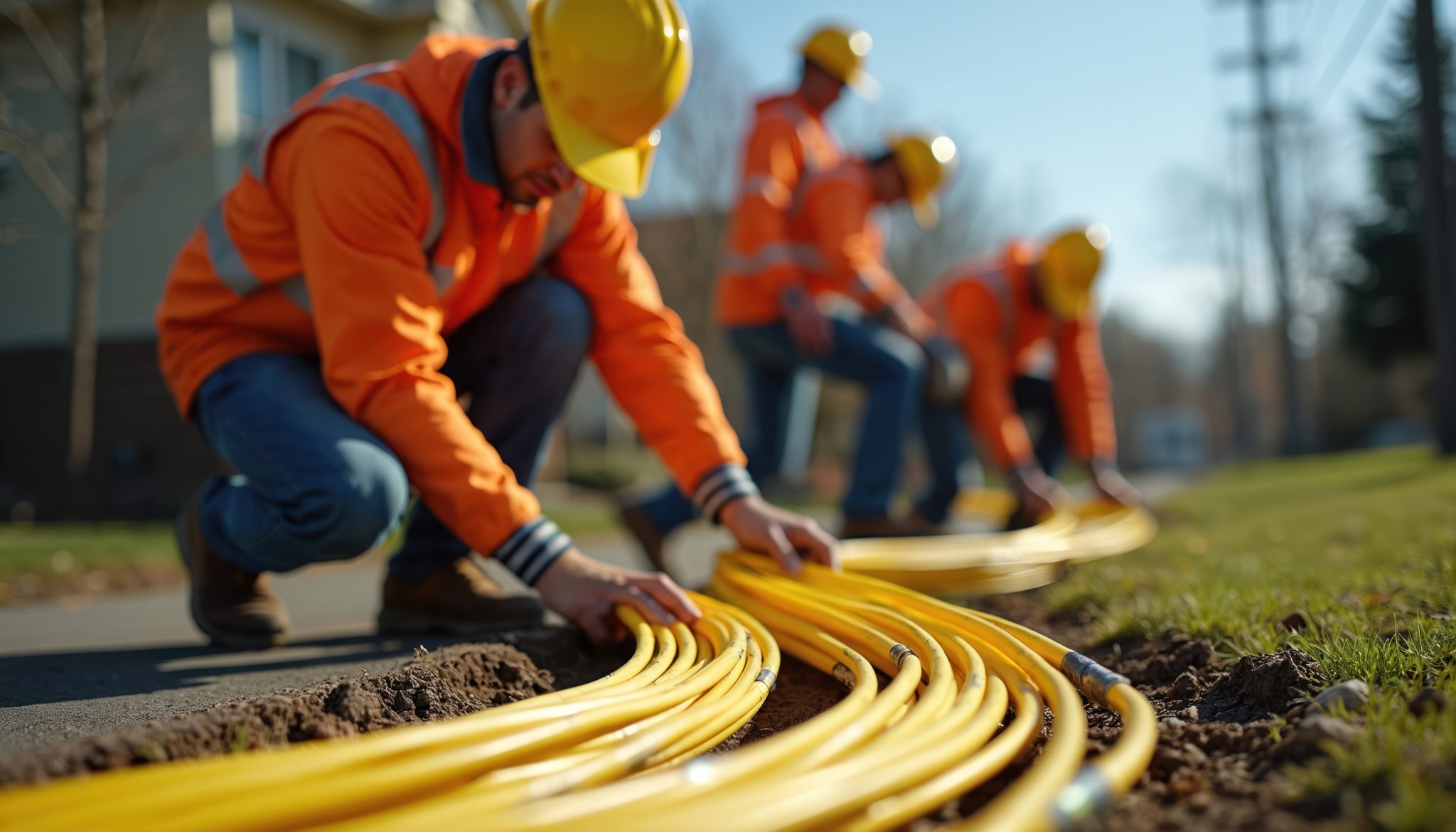 Team installs yellow fiber optic cables in suburban neighborhood ...