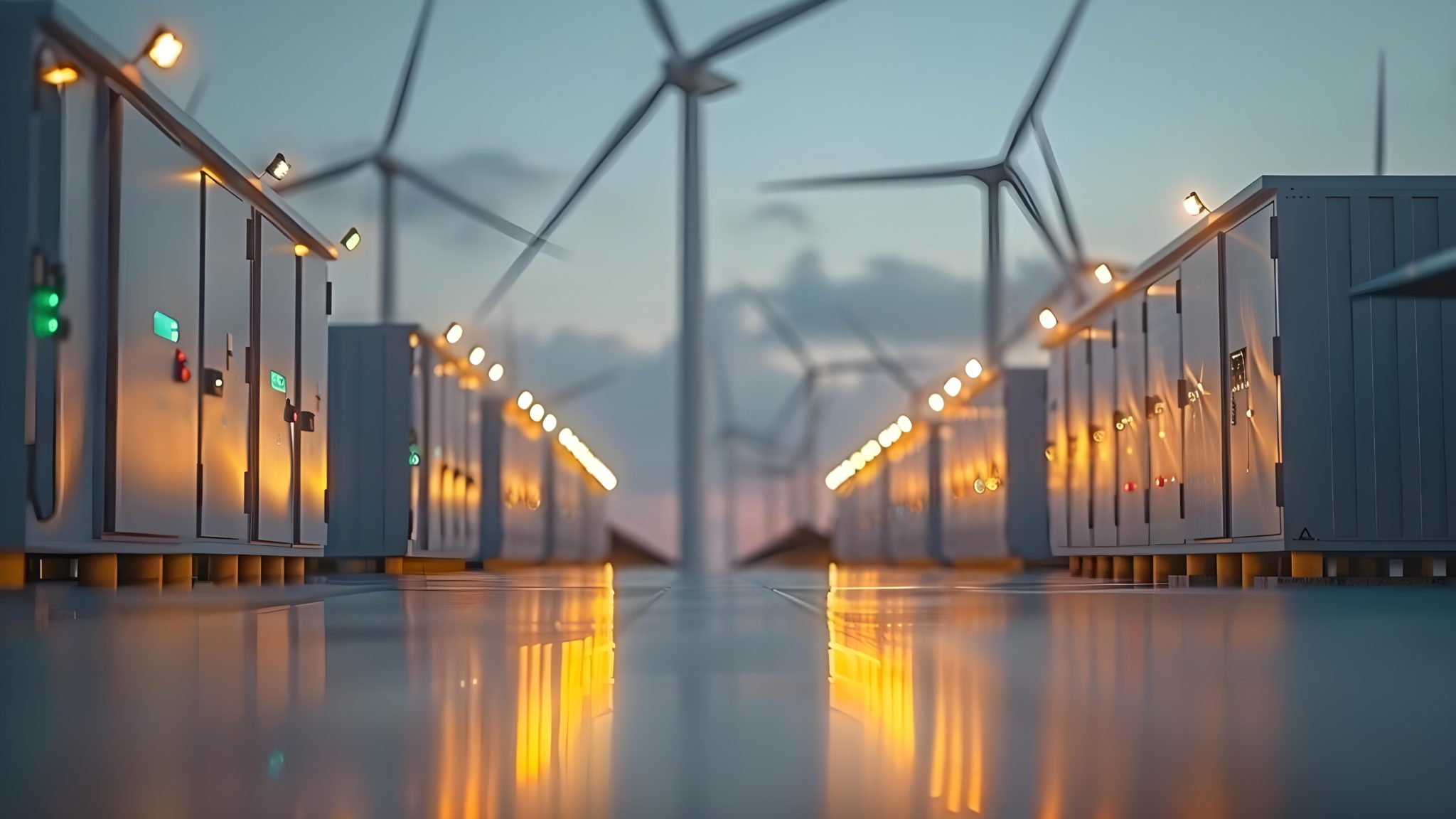 Background of wind turbines and solar panels with modern battery energy ...