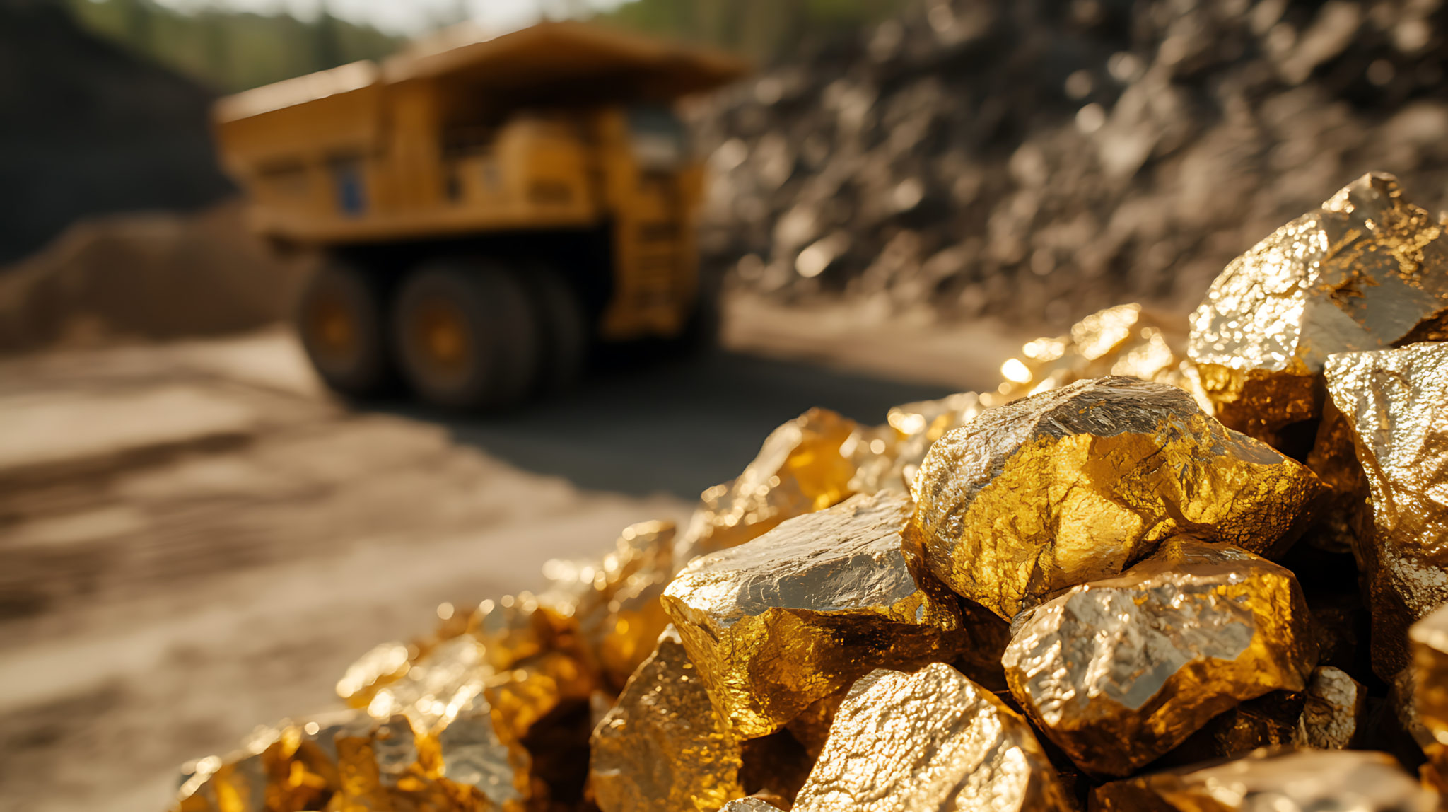Lode of gold ore mined with an industrial truck in background on sunny ...