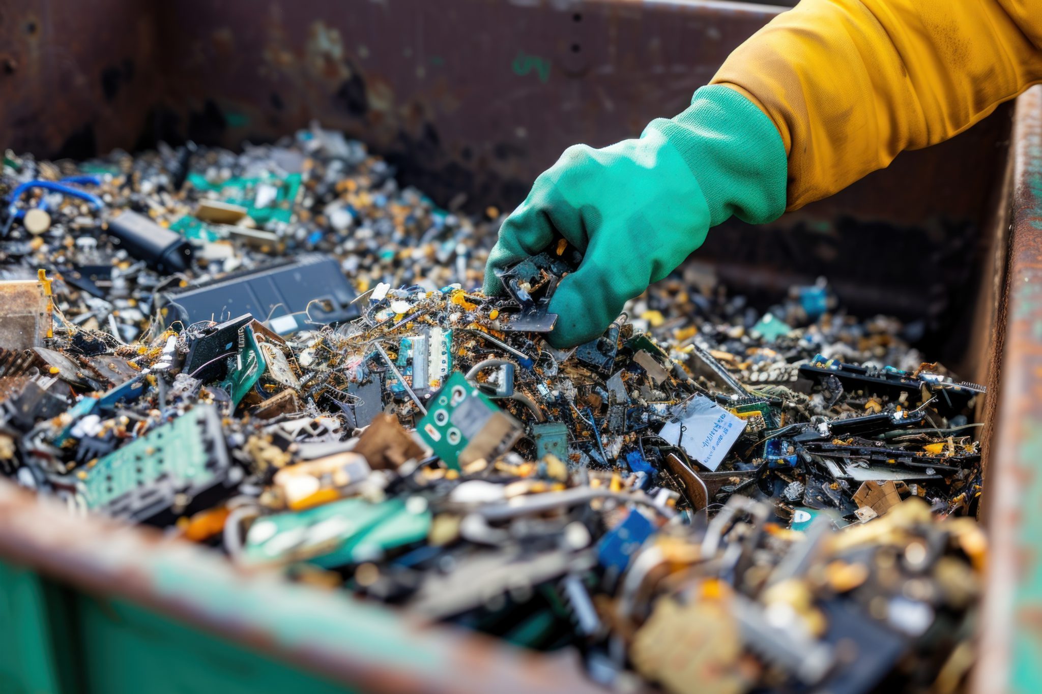A worker's hand sorting through electronic waste at a recycling ...