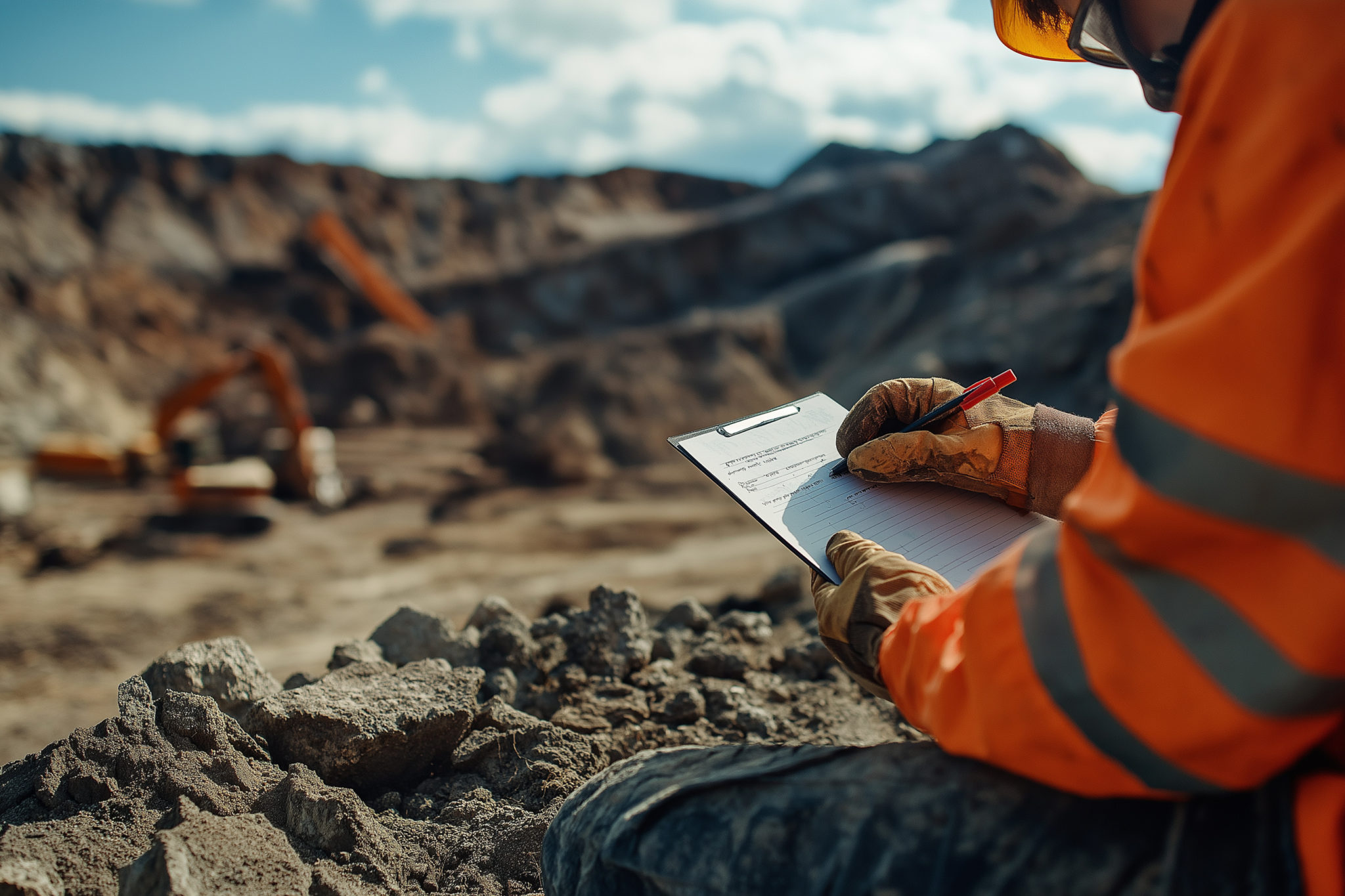 A construction miner supervisor wearing safety gloves signs a working ...