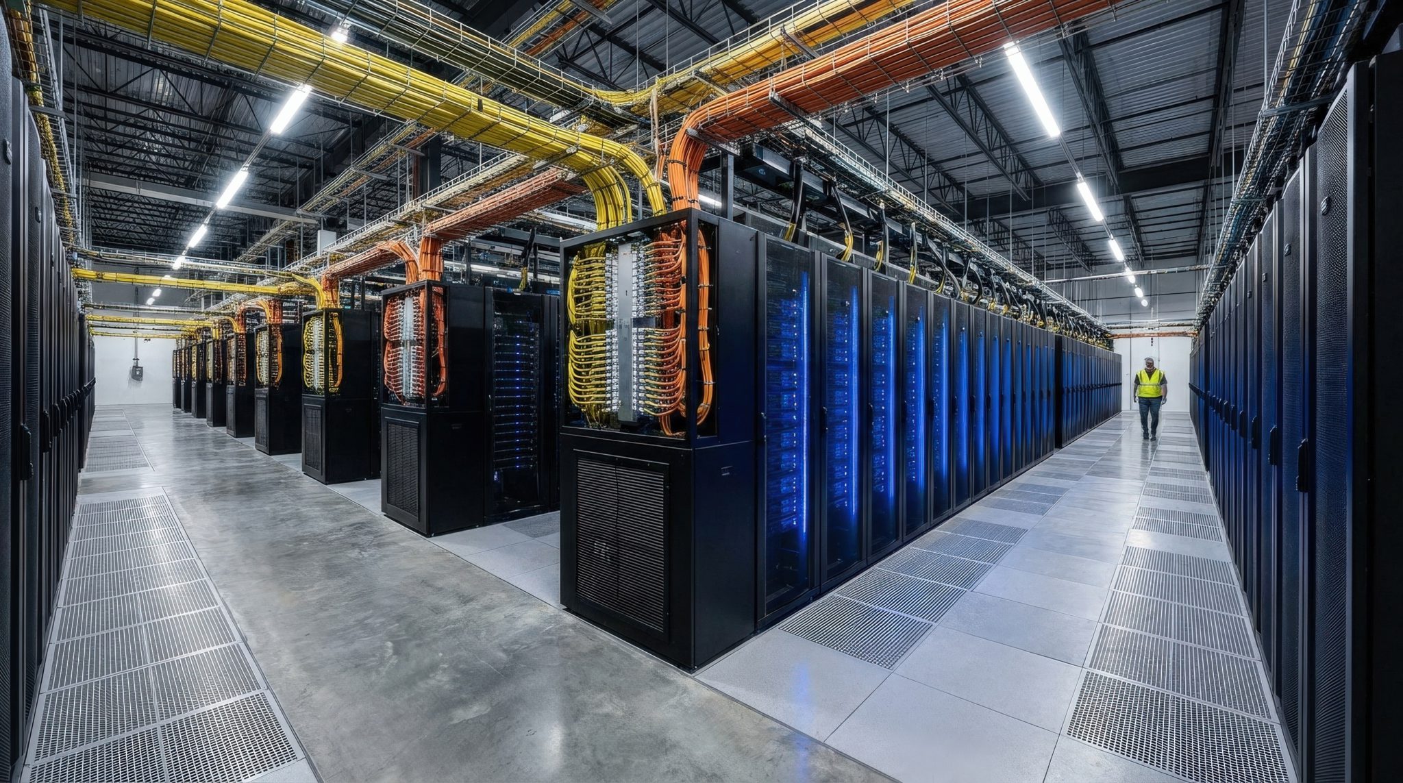 A high-capacity data center facility with rows of enterprise server ...