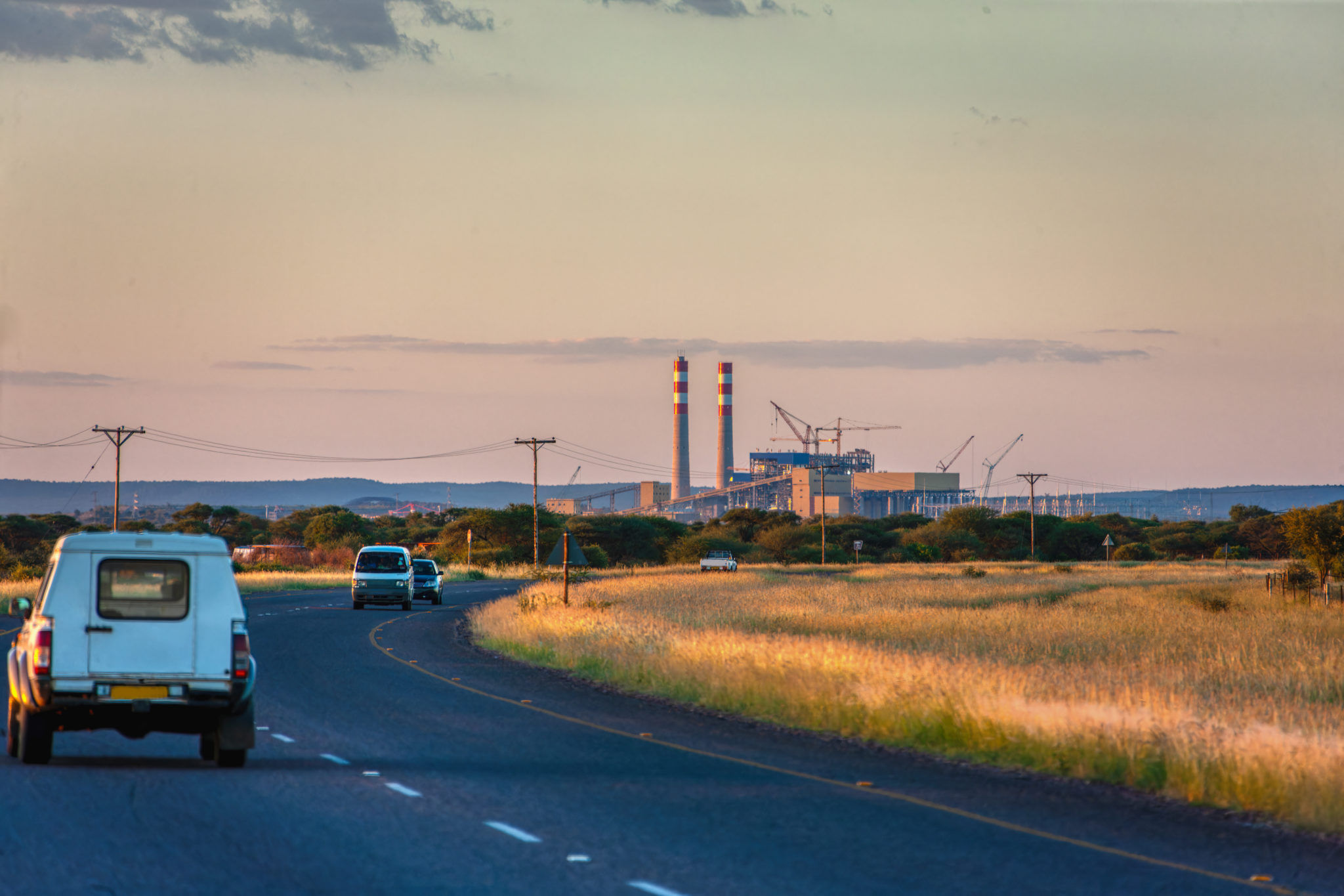 coal station producing electricity in Botswana, wide view cars on the ...