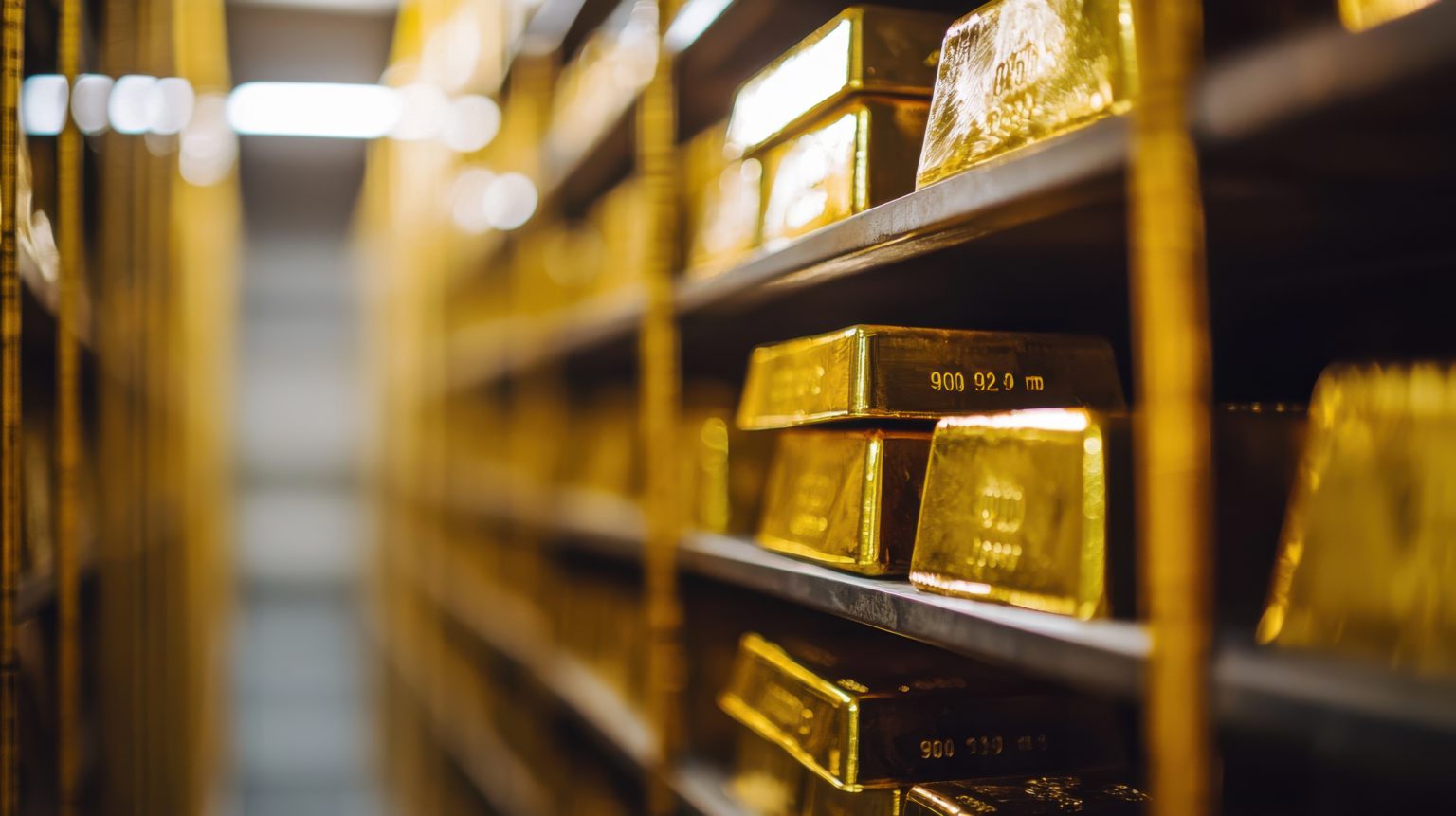 Gold bars being stacked in a vault, symbolizing financial security and ...